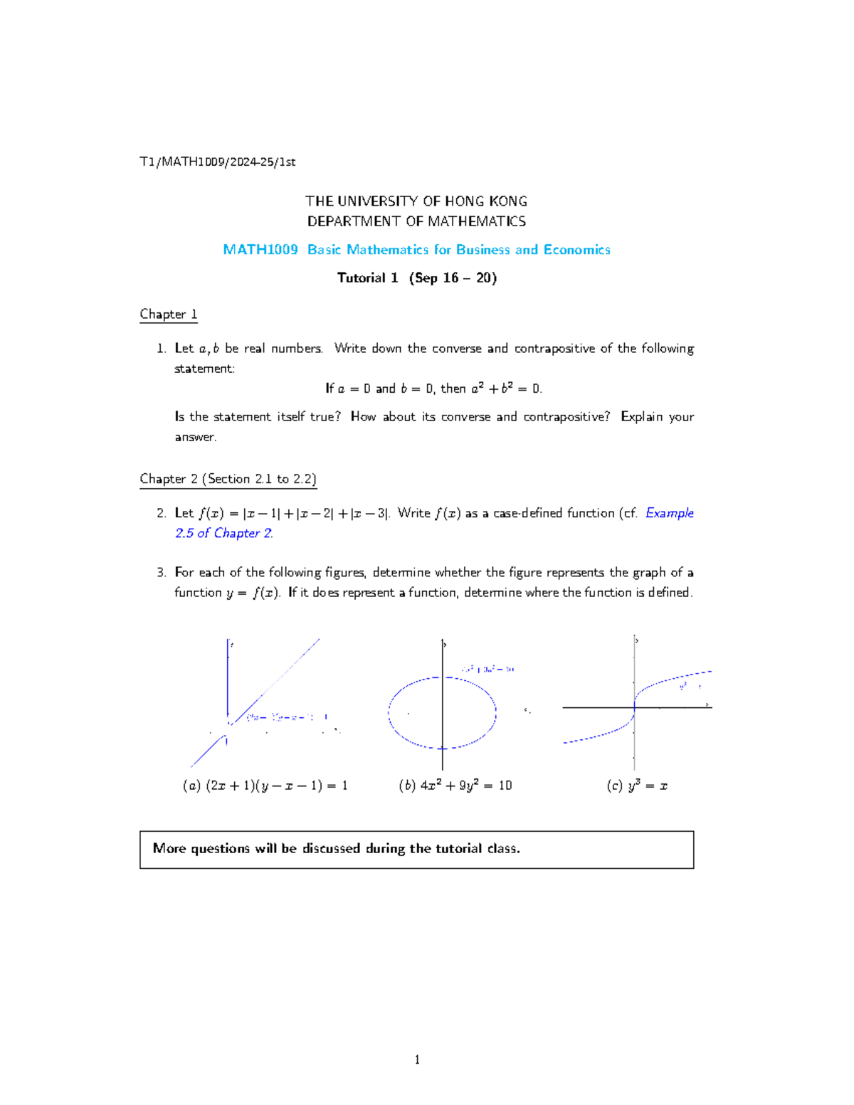 MATH 1009 - Tutorial 1 Pre-class Questions - T1/MATH1009/2024-25/1st THE UNIVERSITY OF HONG KONG ...