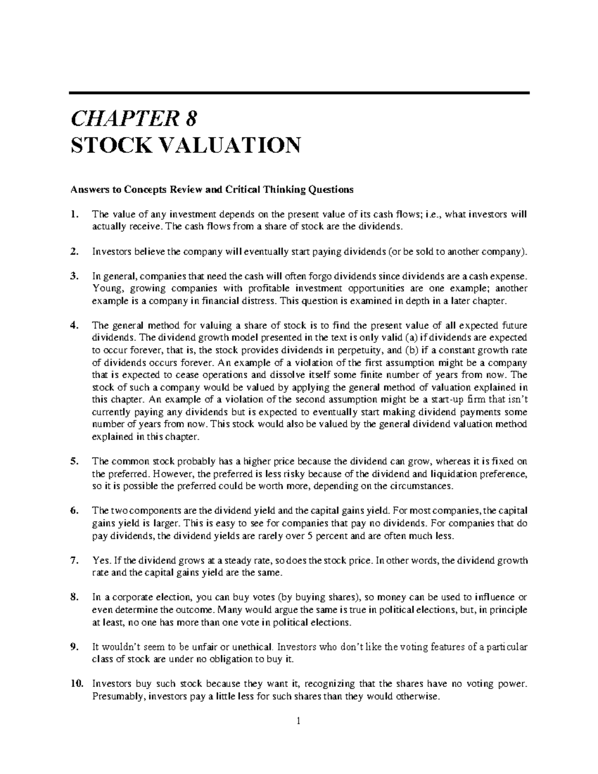 Ross Fundamentals 13e Solutions Manual Chapter-08 - CHAPTER 8 STOCK VALUATION Answers to ...