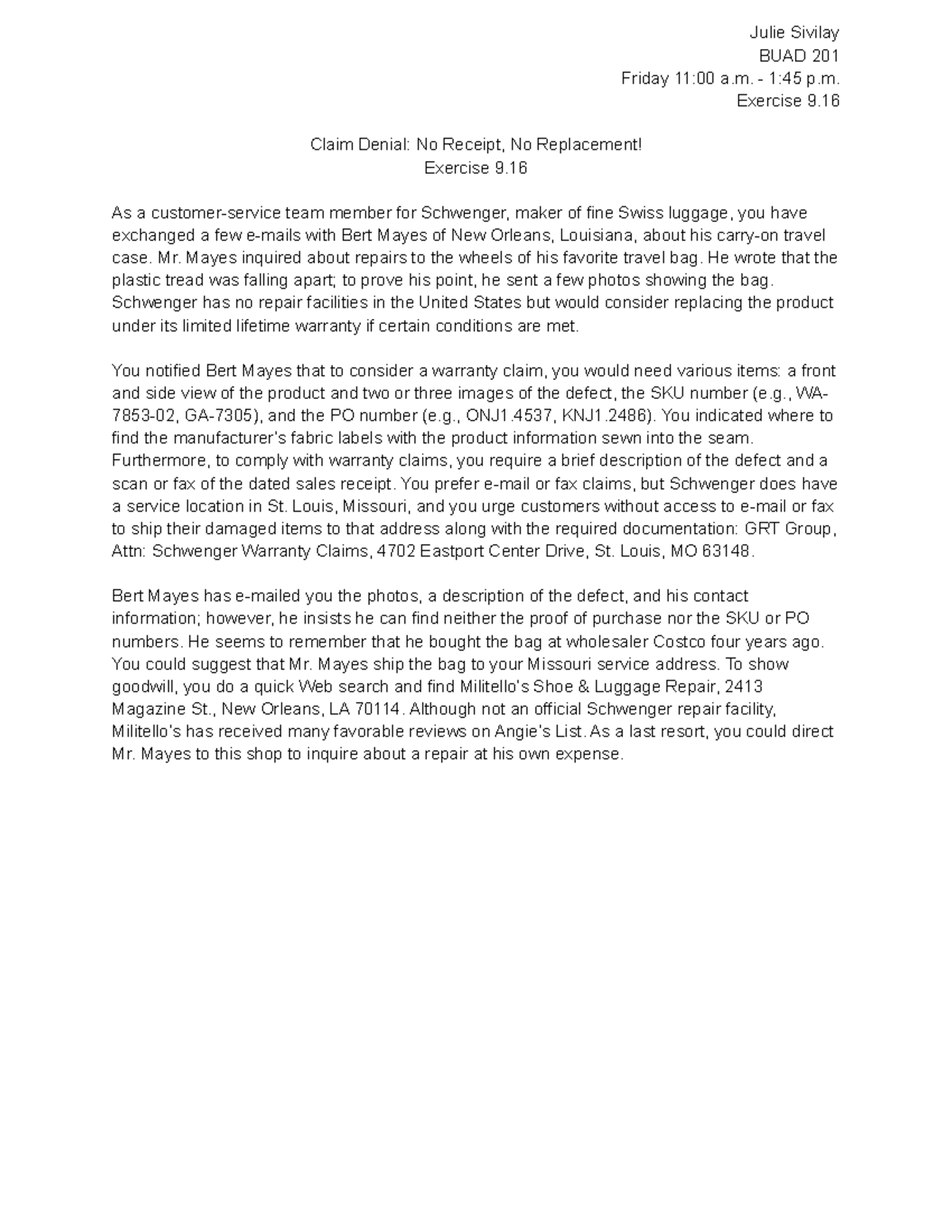 BUAD 201 Wk 8 HW Exc 9 - homework - Julie Sivilay BUAD 201 Friday 11:00 ...