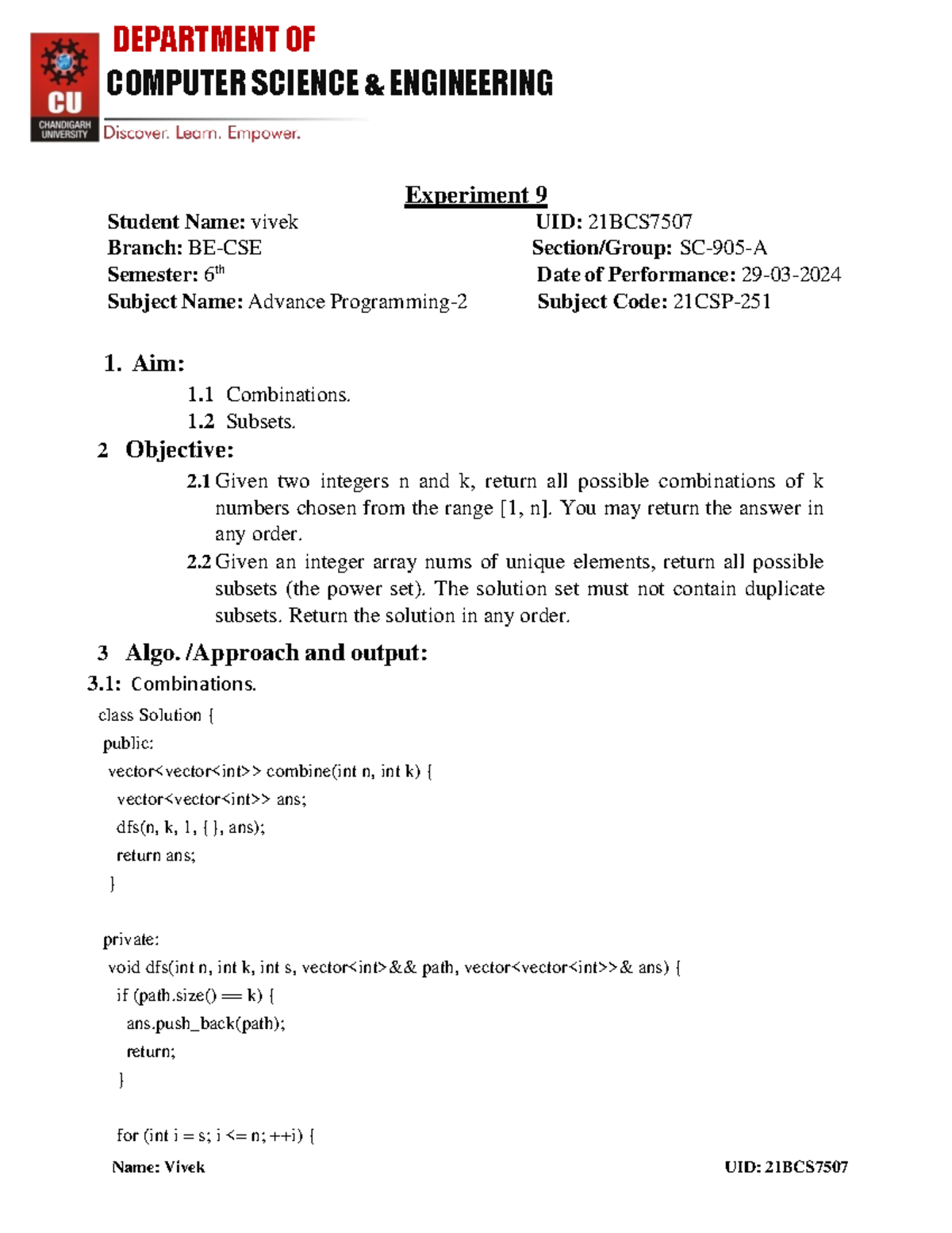 AP exp 9 vivek - Notes - COMPUTER SCIENCE & ENGINEERING Experiment 9 ...