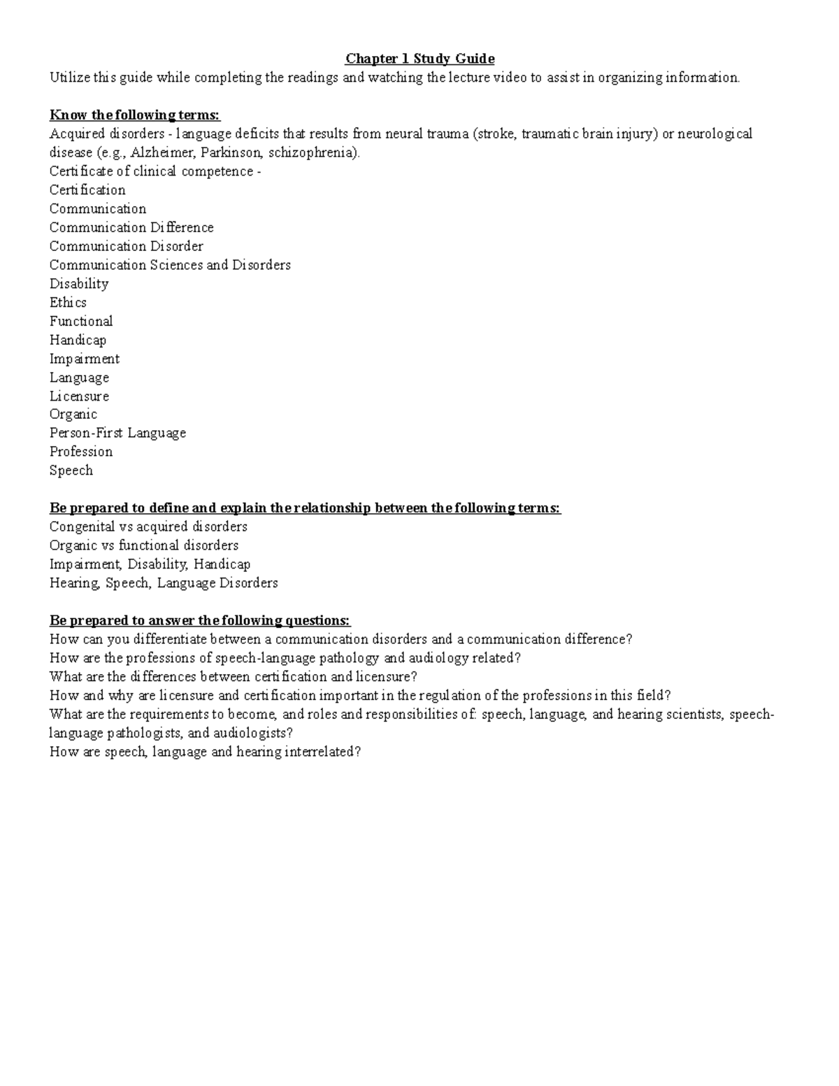 SLP 160 Chapter 1 Study Guide - Chapter 1 Study Guide Utilize this ...