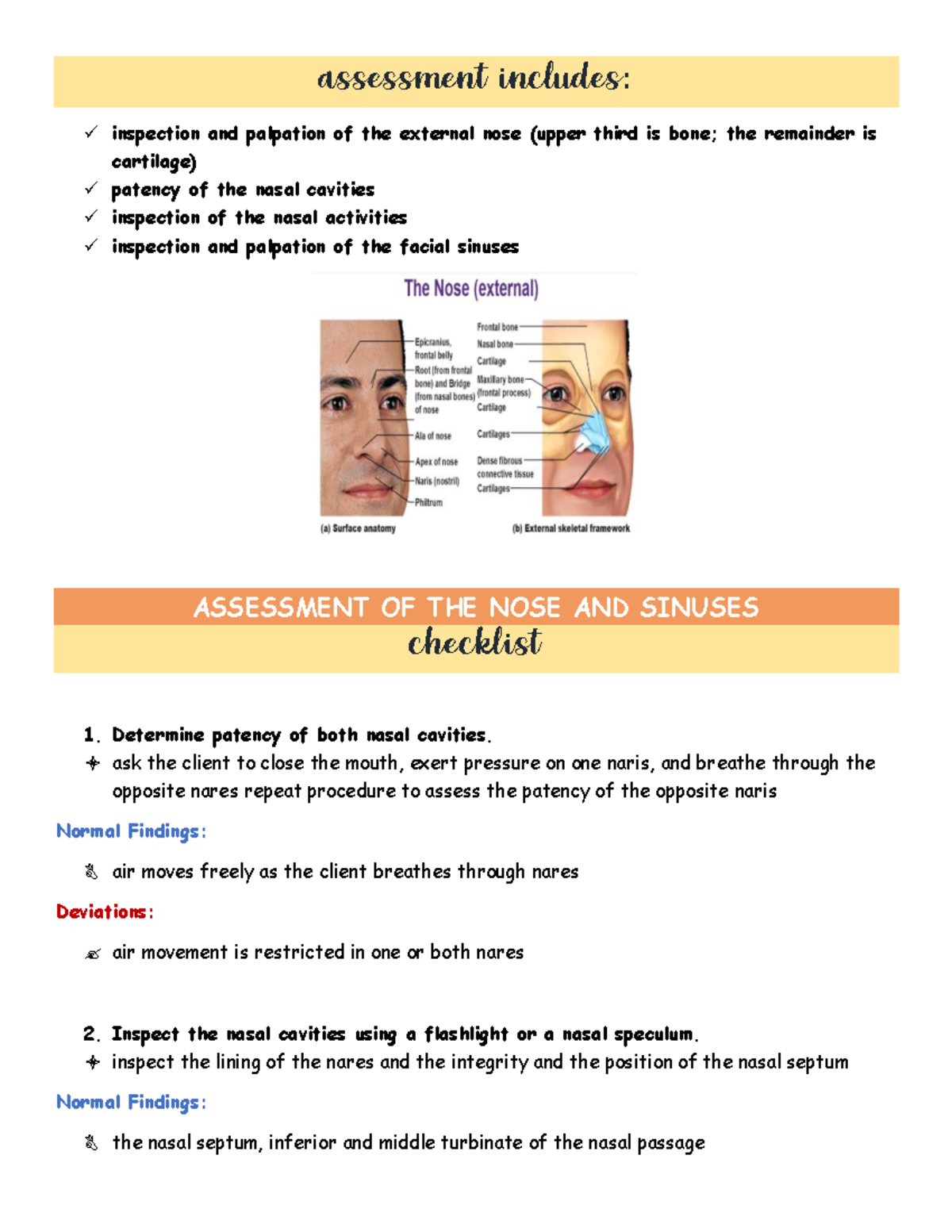 HA - Nose Checklist - notes health assessment - ASSESSMENT INCLUDES ...