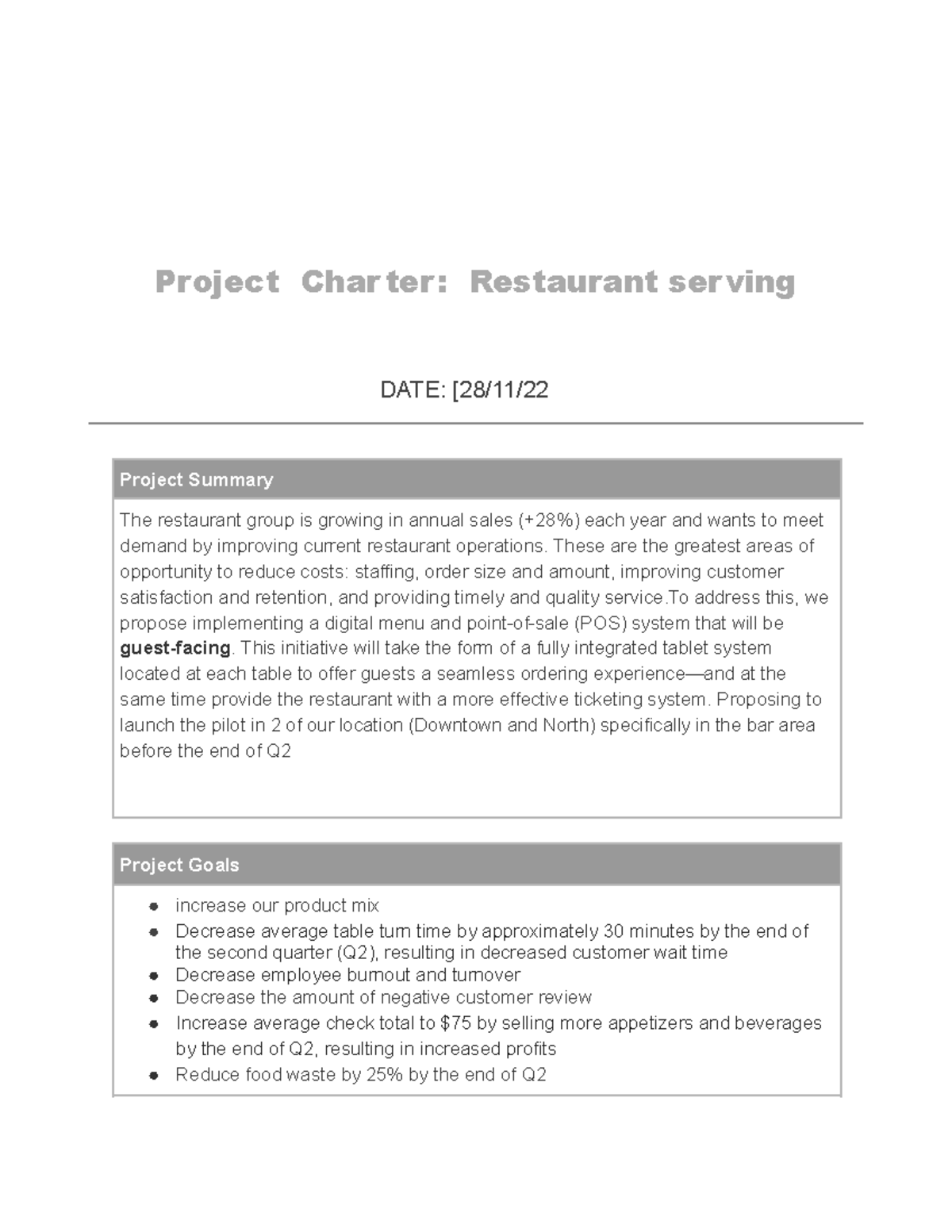 Amina Kproject charter - Project Summary The restaurant group is ...