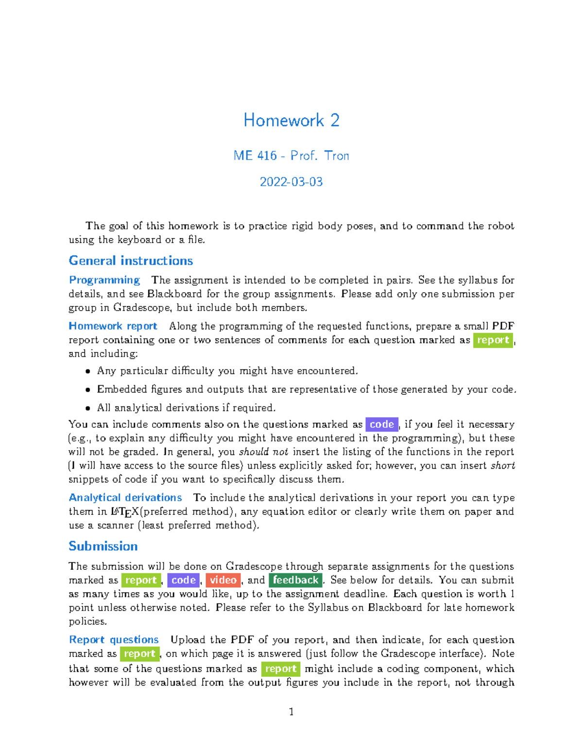 Homework 2(10) - Prof. Roberto Tron - Homework 2 ME 416 - Prof. Tron ...