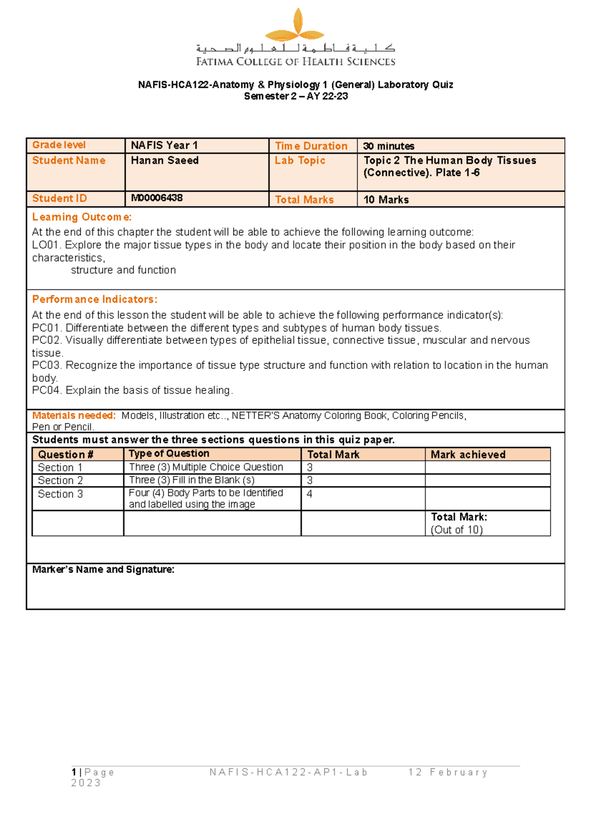 Lab 2 - Enjoy and good luck. - NAFIS-HCA122-Anatomy & Physiology 1 ...