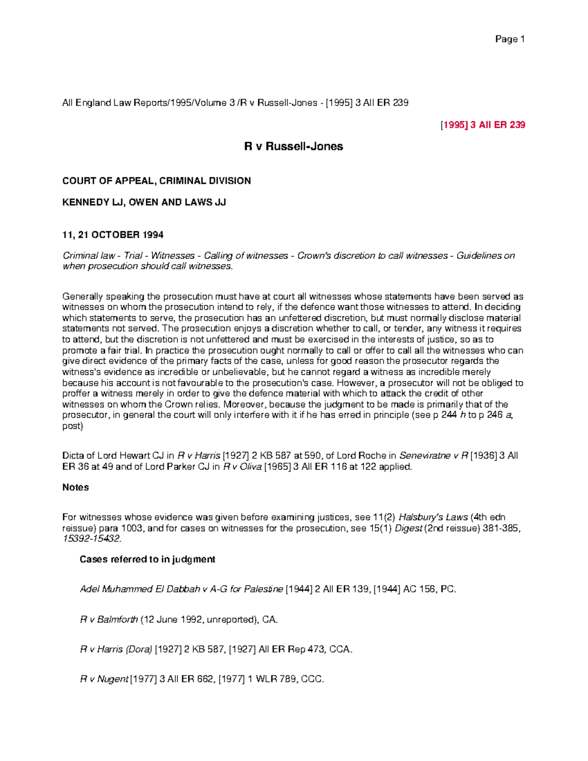 Russell Jones - CASE LAW - All England Law Reports/1995/Volume 3 /R v ...