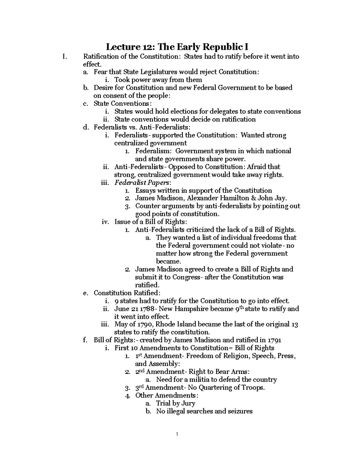 Lecture 12- The Early Republic I (03-23)- Outline - Lecture 12: The ...