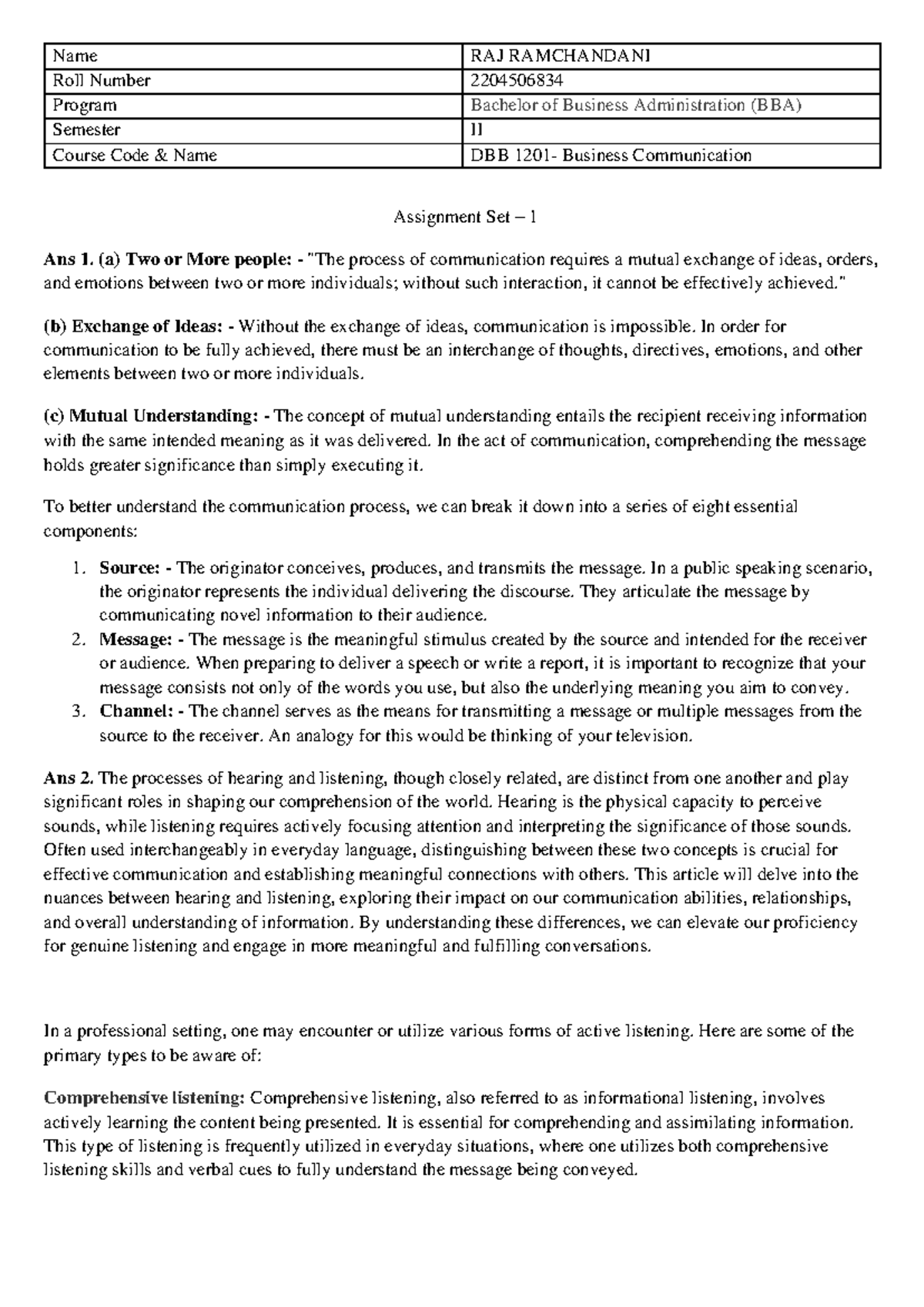 An Internal Assignment for BBA students on Business Communication (DBB1201) - Name RAJ ...