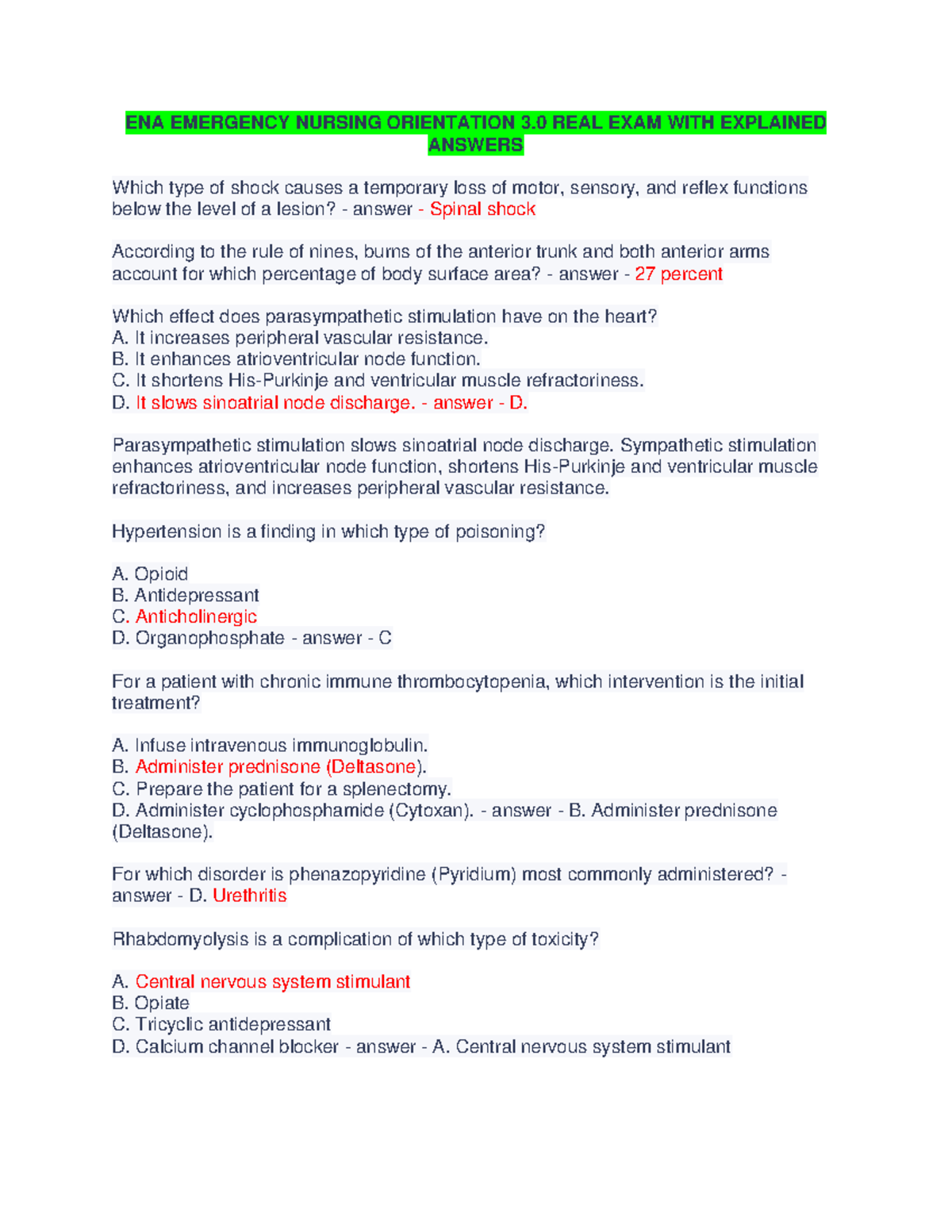 ENA Emergency Nursing Orientation 3.0 REAL EXAM WITH Explained Answers ...