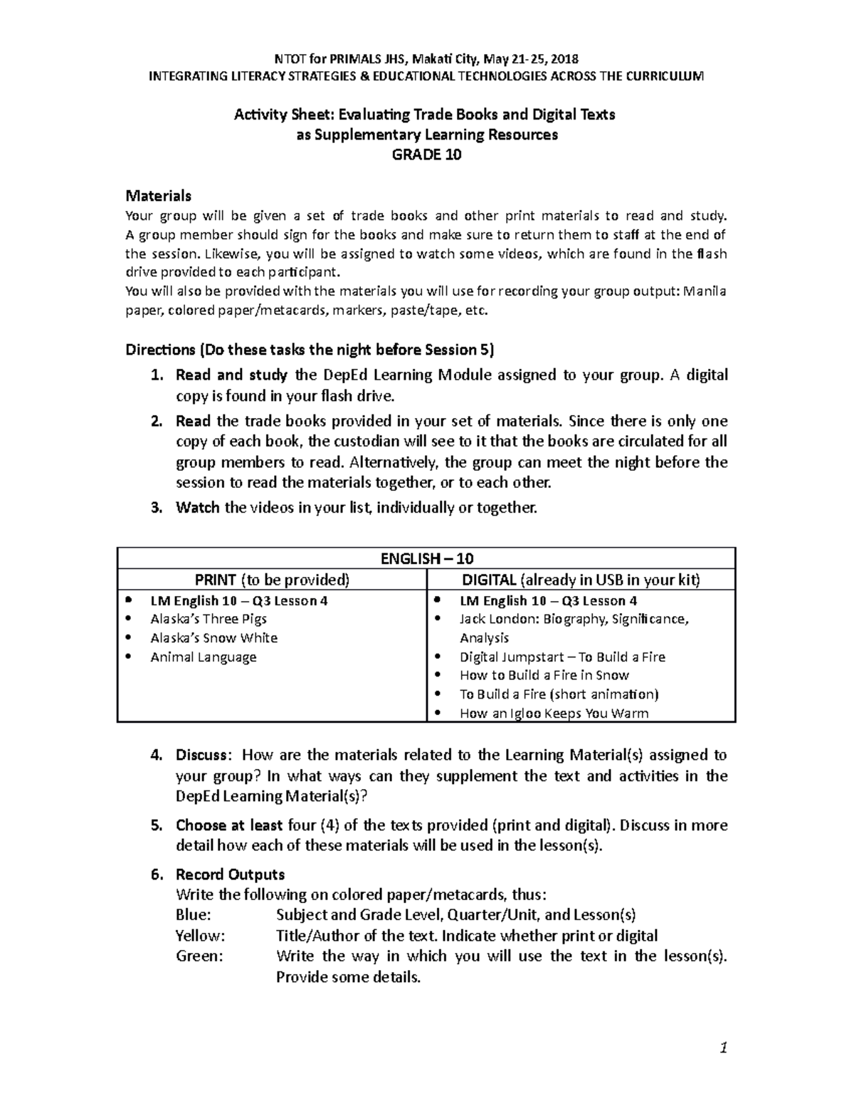 Activity Sheet-Grade 10 English - NTOT for PRIMALS JHS, Makati City ...