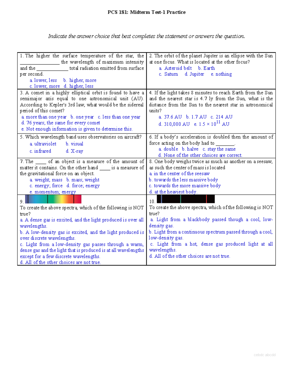2-test 1 practice - PCS 181 : Midterm T est-1 Practice Indicate the ...