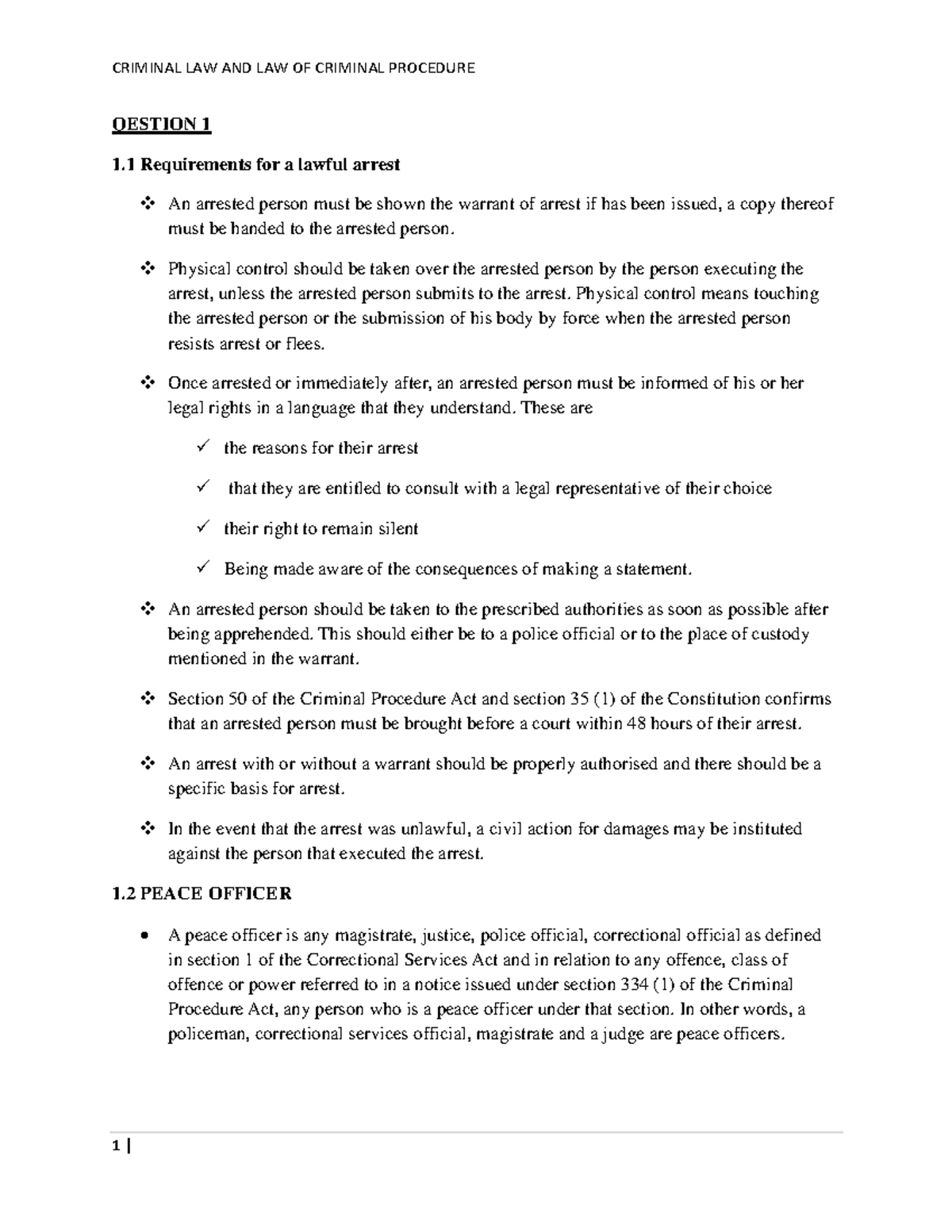 Question 1 Criminal LAW - CRIMINAL LAW AND LAW OF CRIMINAL PROCEDURE 1 ...