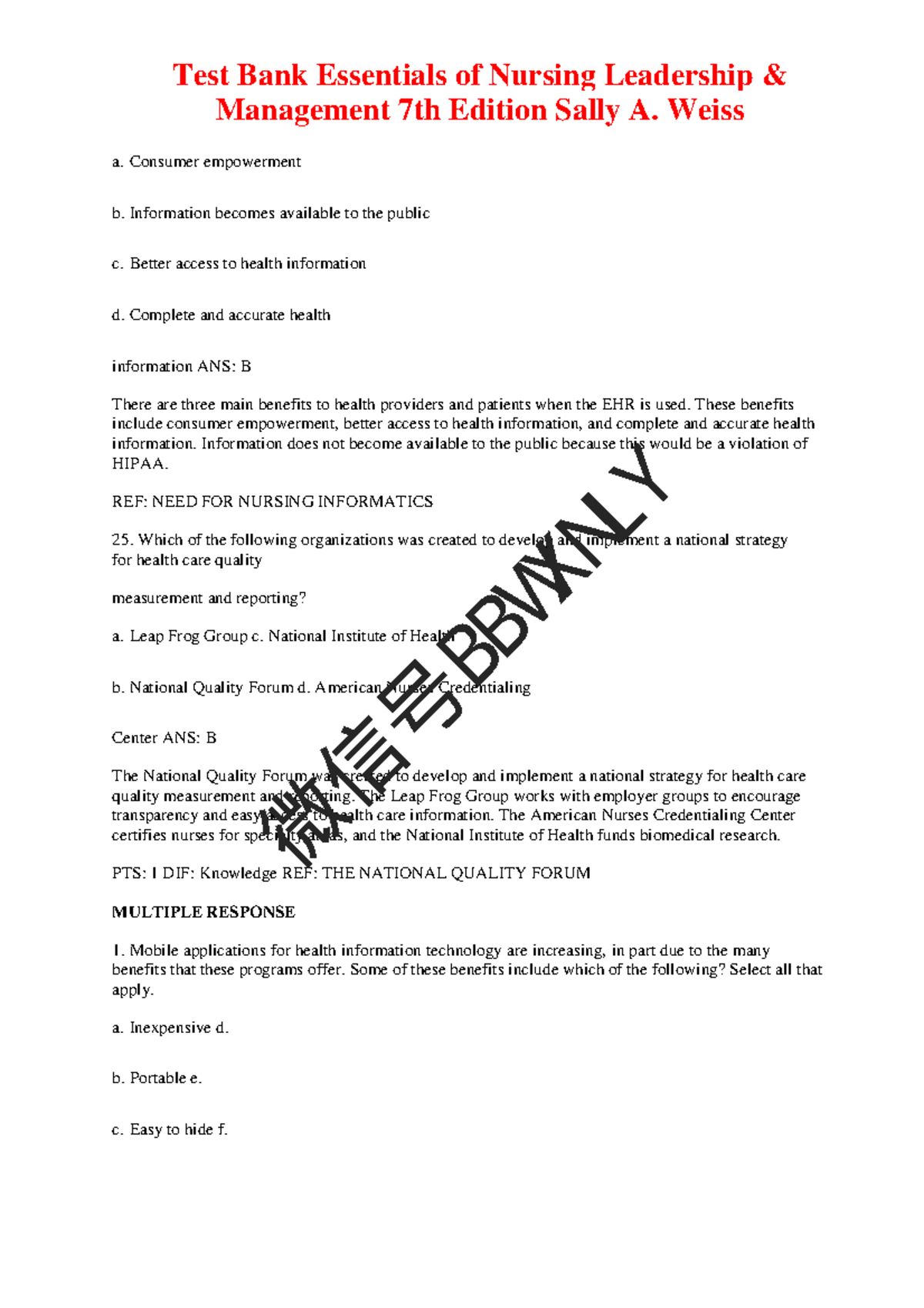 Test bank essentials of nursing leadership management 7th edition sally ...