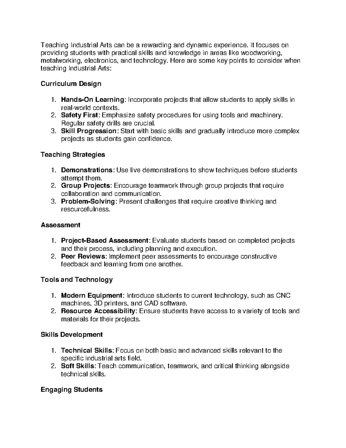 Teaching Industrial Arts - It focuses on providing students with ...