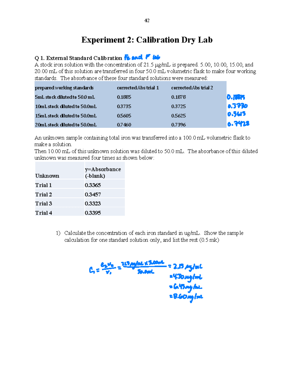 CHEM 211 Lab Report Notes - Experiment 2: Calibration Dry Lab Q 1 ...