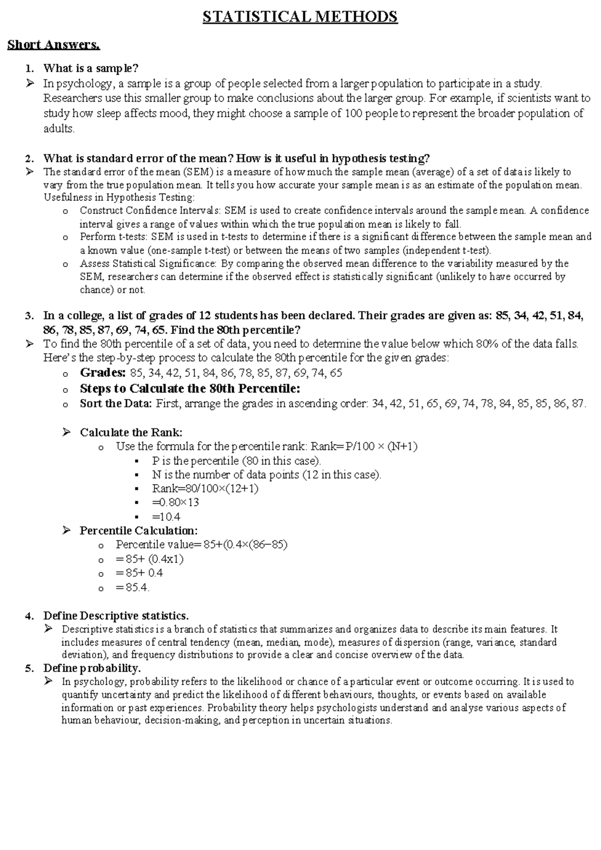 Statistical Method Importance - STATISTICAL METHODS Short Answers. 1 ...