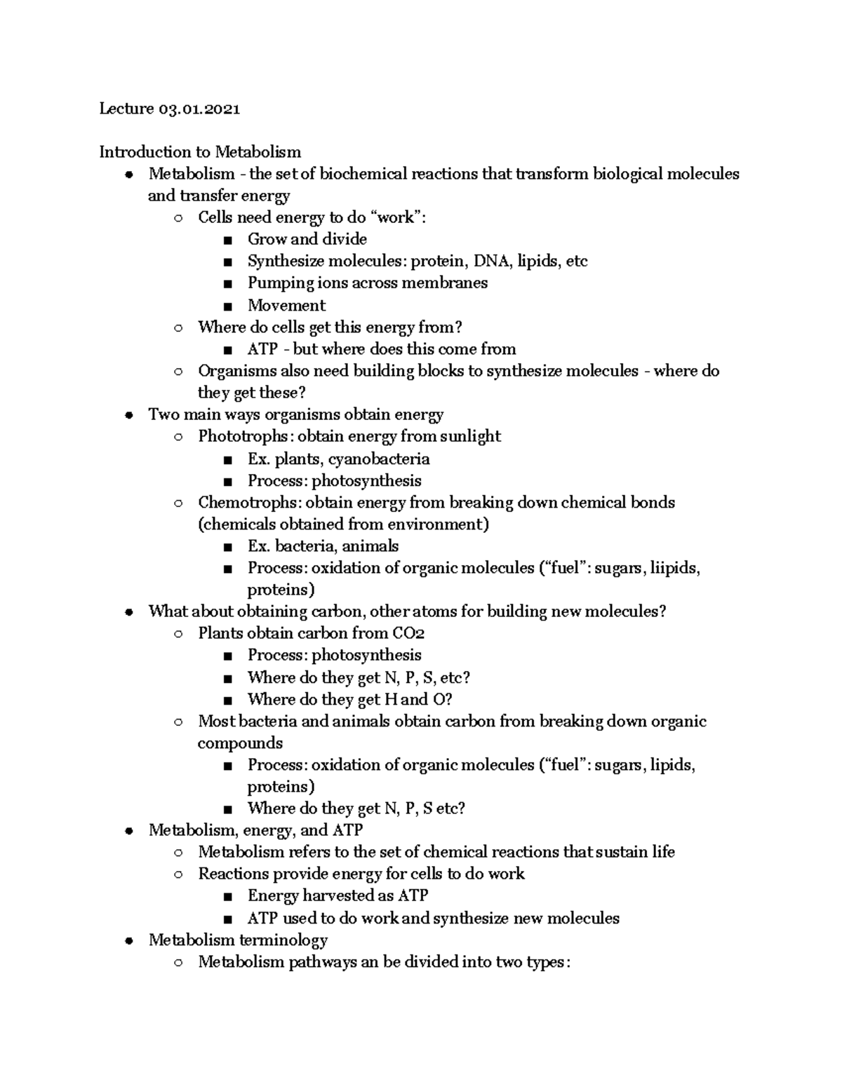 Exam 1 - Week 6 - Lecture 03. Introduction to Metabolism Metabolism ...