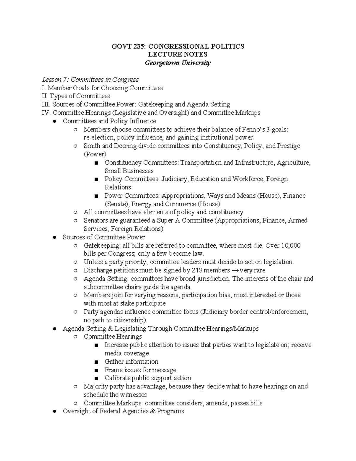 GOVT-235 Powerpoint Notes - GOVT 235: CONGRESSIONAL POLITICS LECTURE ...