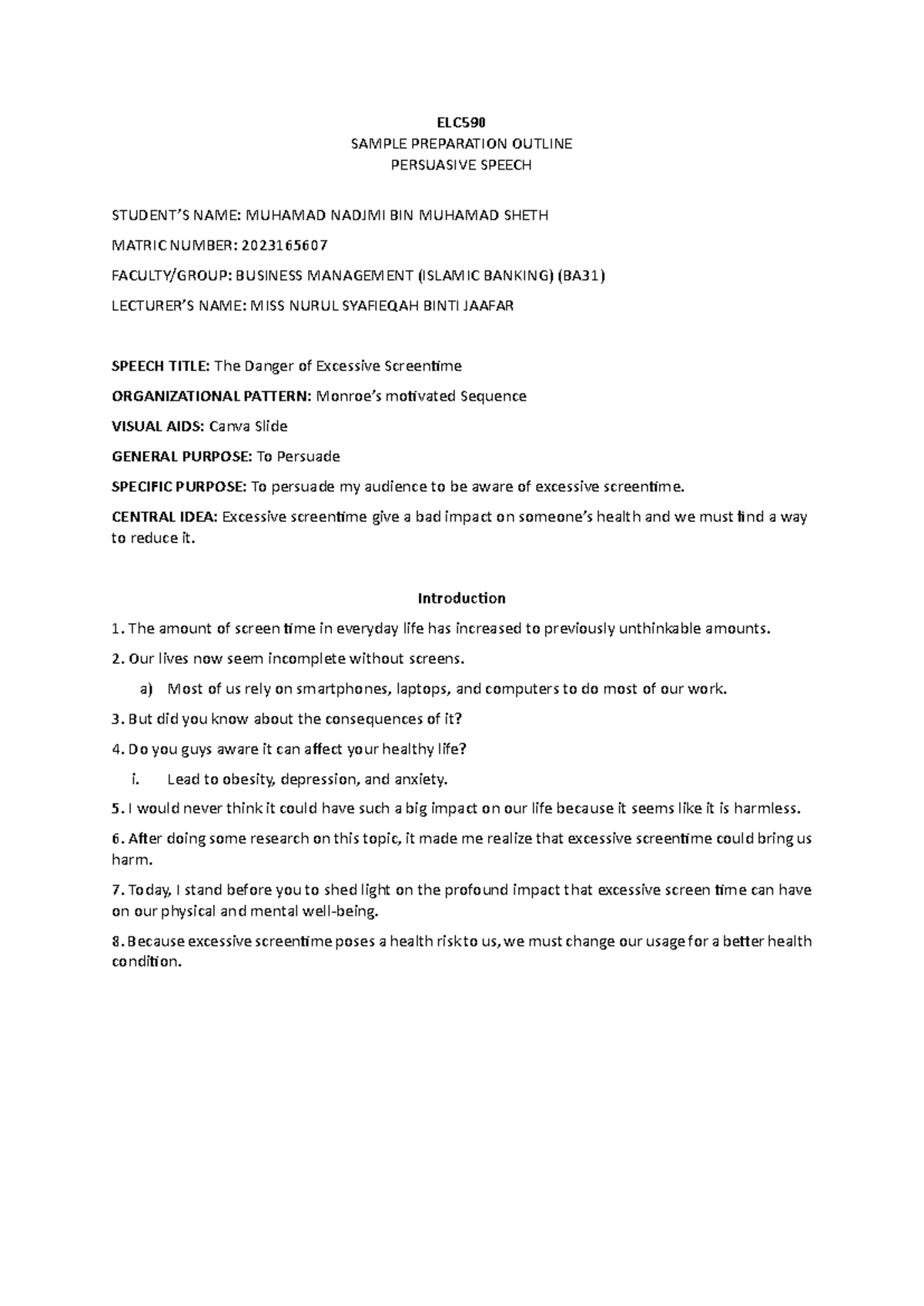 Muhamad Nadjmi BA31 - ELC SAMPLE PREPARATION OUTLINE PERSUASIVE SPEECH ...