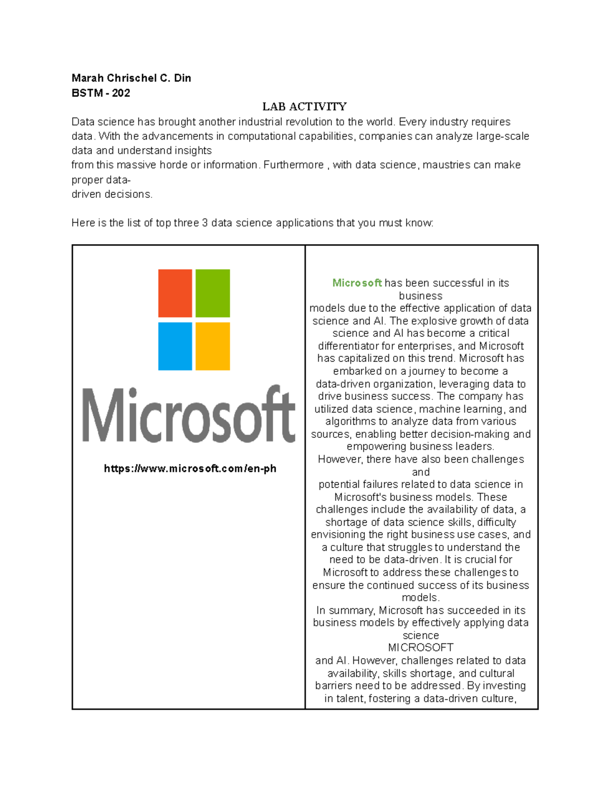 Data Science Applications - Marah Chrischel C. Din BSTM - 202 LAB ...