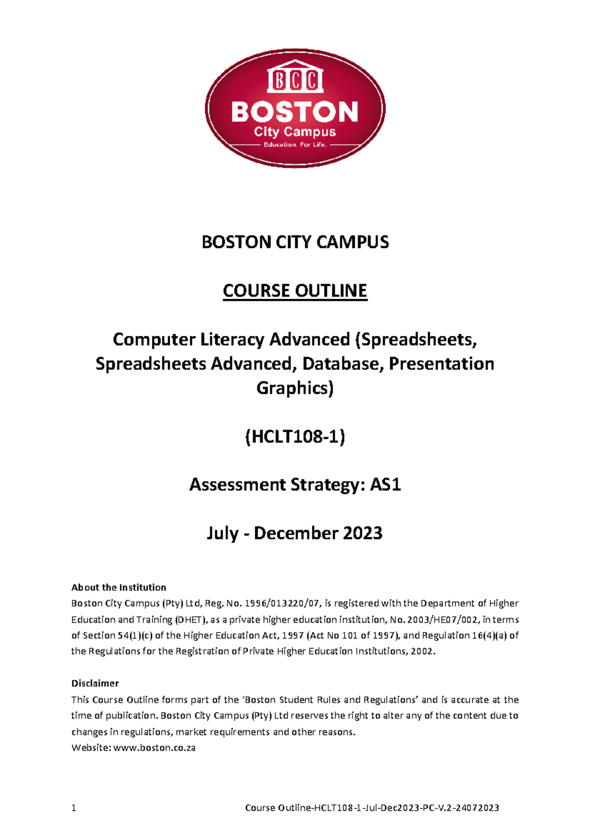 Course Outline HCLT108 1 Jul Dec2023 PC V - BOSTON CITY CAMPUS COURSE ...