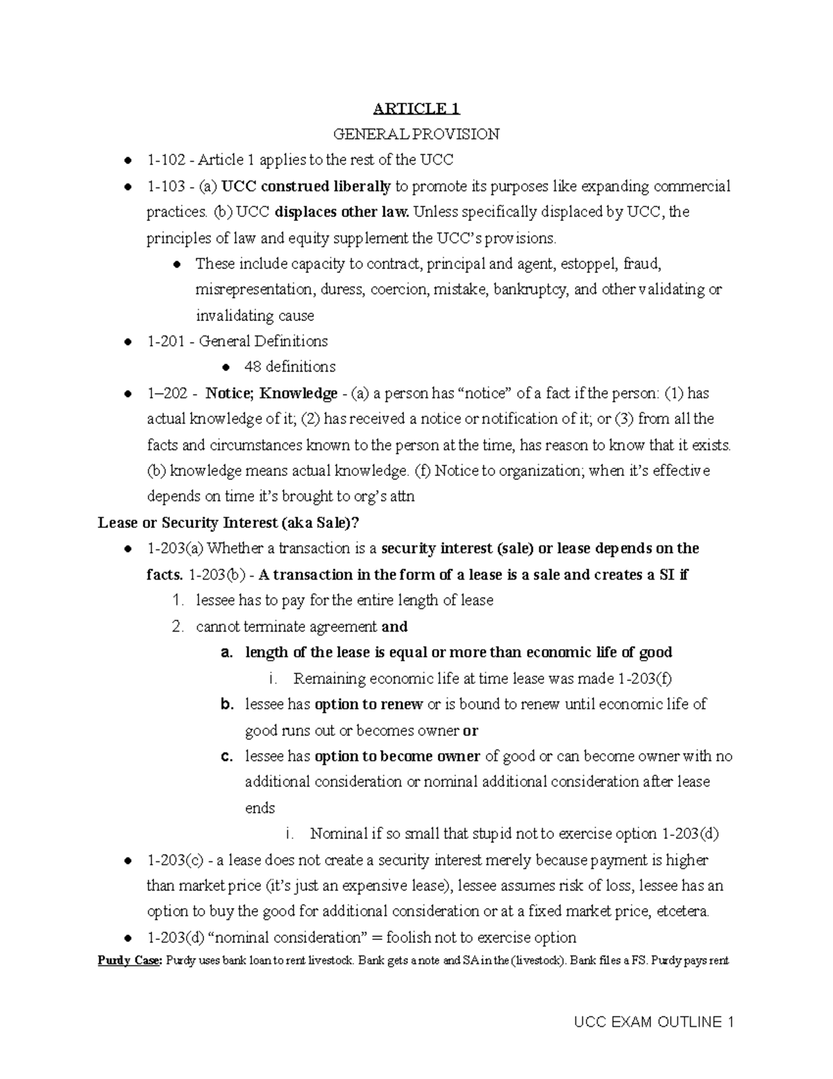 Condensed UCC Outline - ARTICLE 1 GENERAL PROVISION 1-102 - Article 1 ...