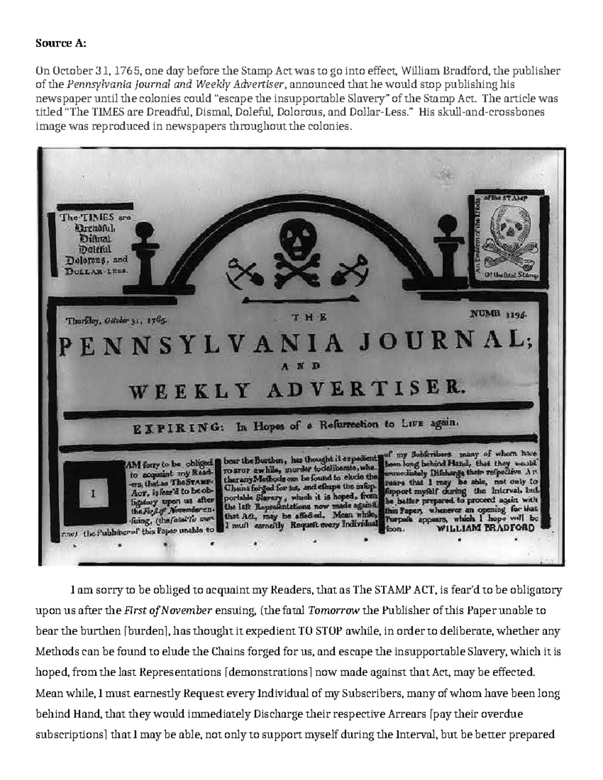 Perspectives on the Stamp Act Stations - Source A: On October 31, 1765 ...