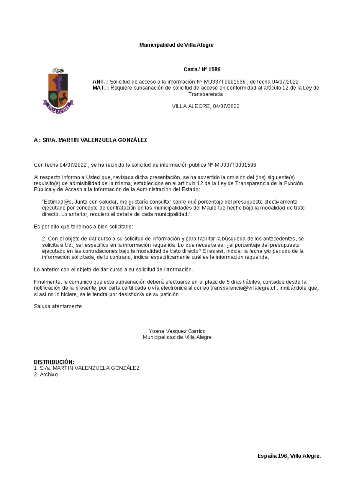 7943393 Subsanacion - bbbbb - Municipalidad de Villa Alegre Carta / Nº 1596 ANT. : Solicitud de ...
