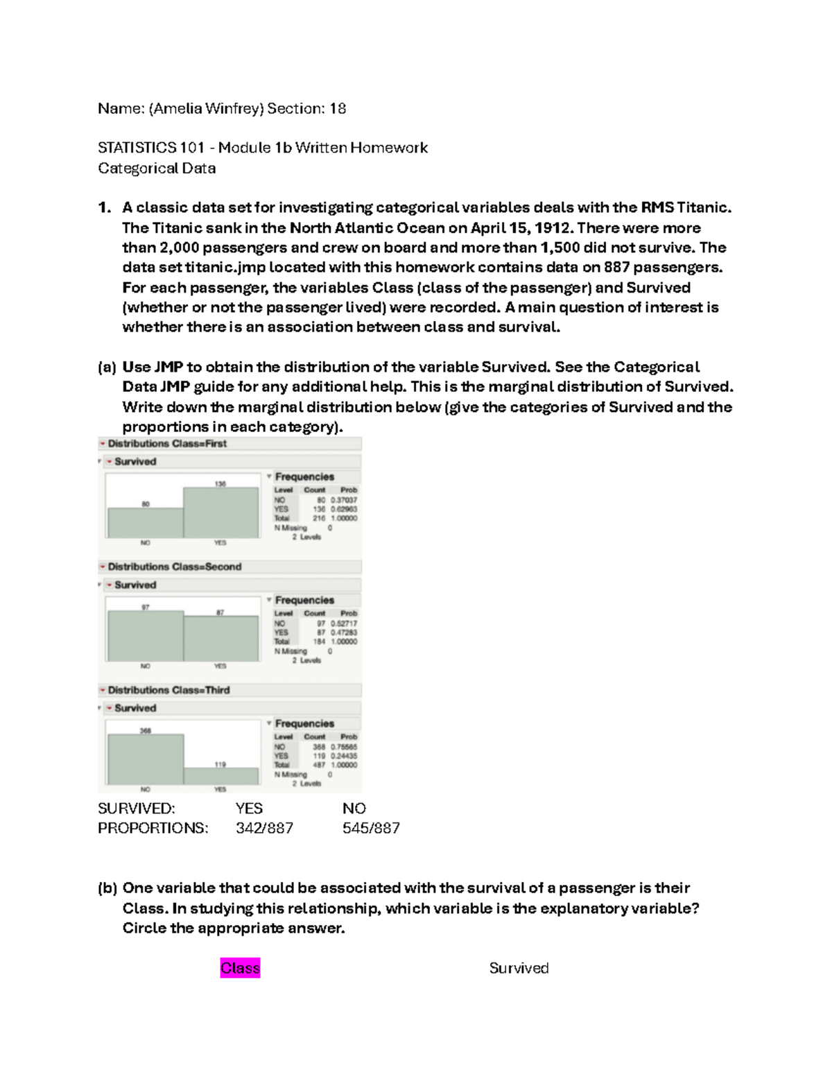 Module 1b Written Homework Stat 101 HW - Name: (Amelia Winfrey) Section ...