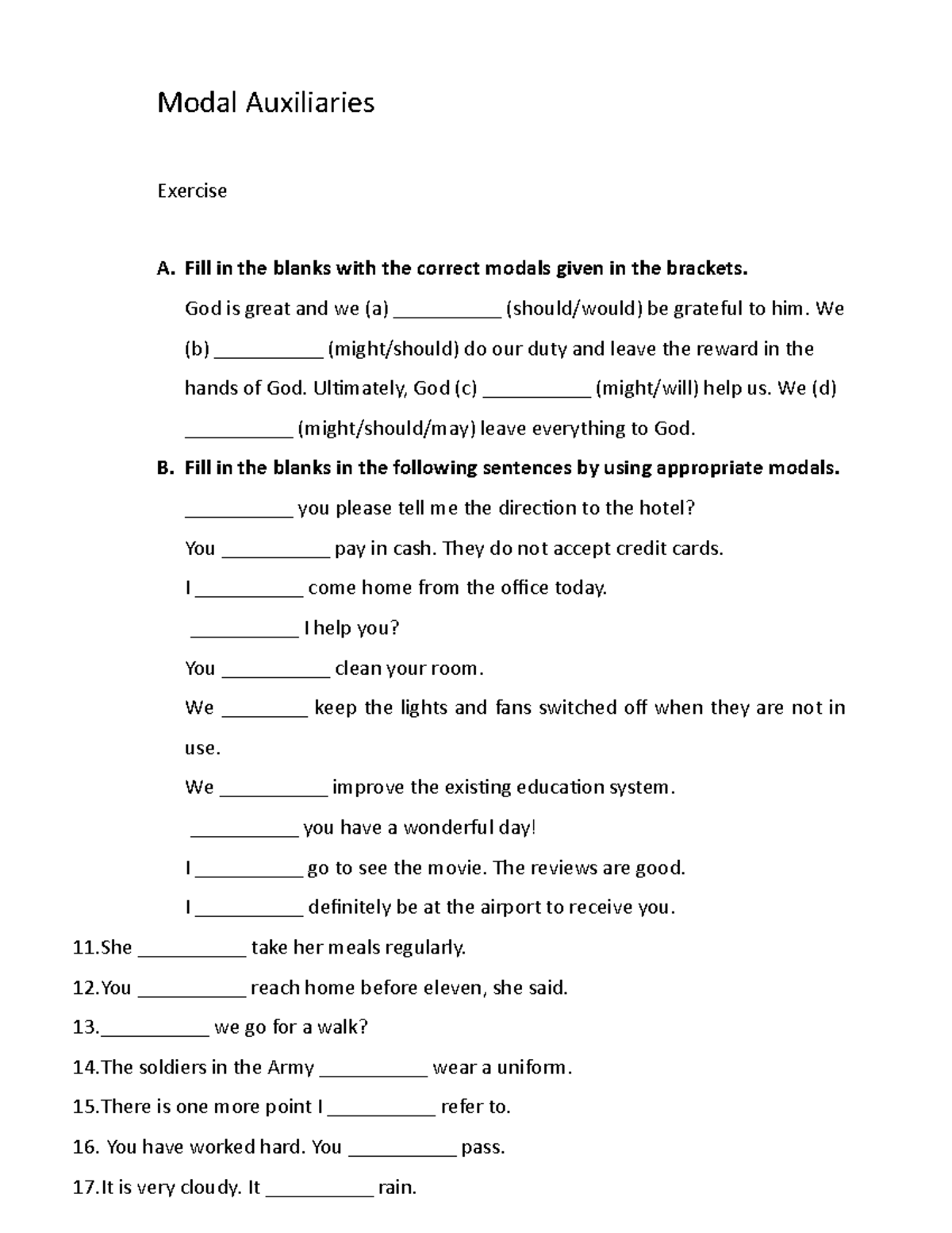 Task 11 - Modal Auxiliaries - Modal Auxiliaries Exercise A. Fill in the ...