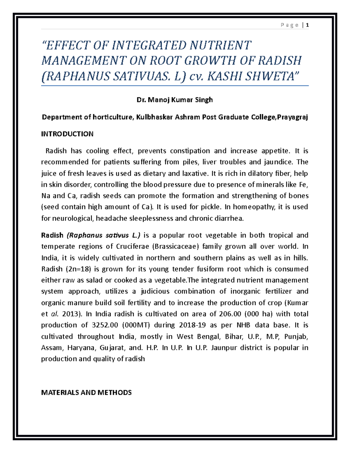 Effect Of Integrated Nutrient Management On Vegetative Growth Of Radish “effect Of Integrated