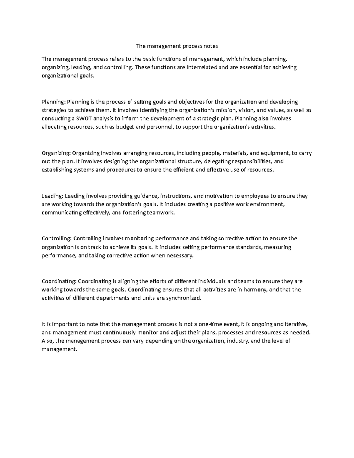 The management process notes - These functions are interrelated and are ...