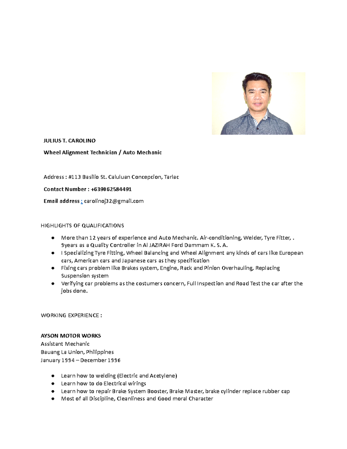 Julius - AGSDGH - JULIUS T. CAROLINO Wheel Alignment Technician / Auto ...