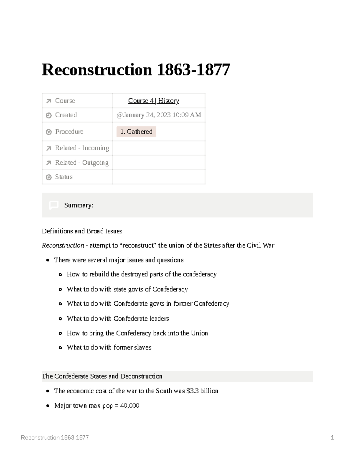 Reconstruction 1863-1877 - Reconstruction 1863- Course Course 4 ...