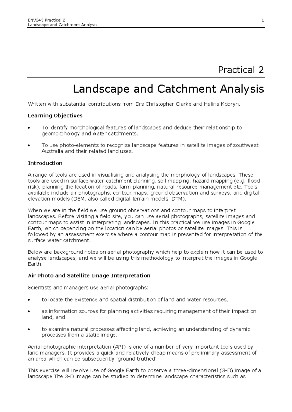ENV243 Prac 2 2024 - Practical - Landscape and Catchment Analysis ...
