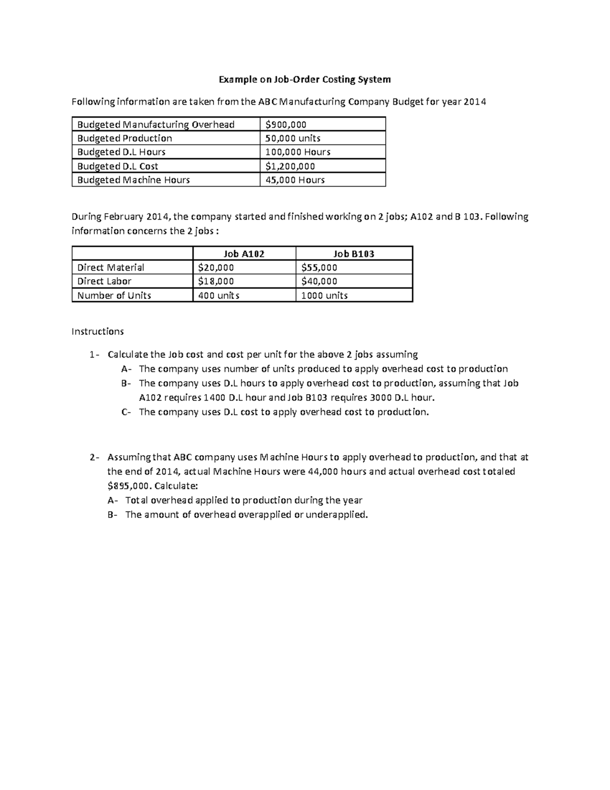Example on Job costing - accounting - Studocu