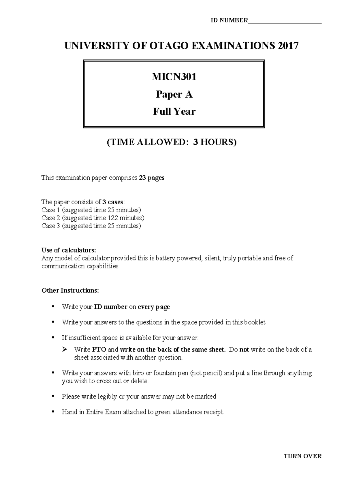 2017 A - 2017 Paper A exam with answers - ID NUMBER ...