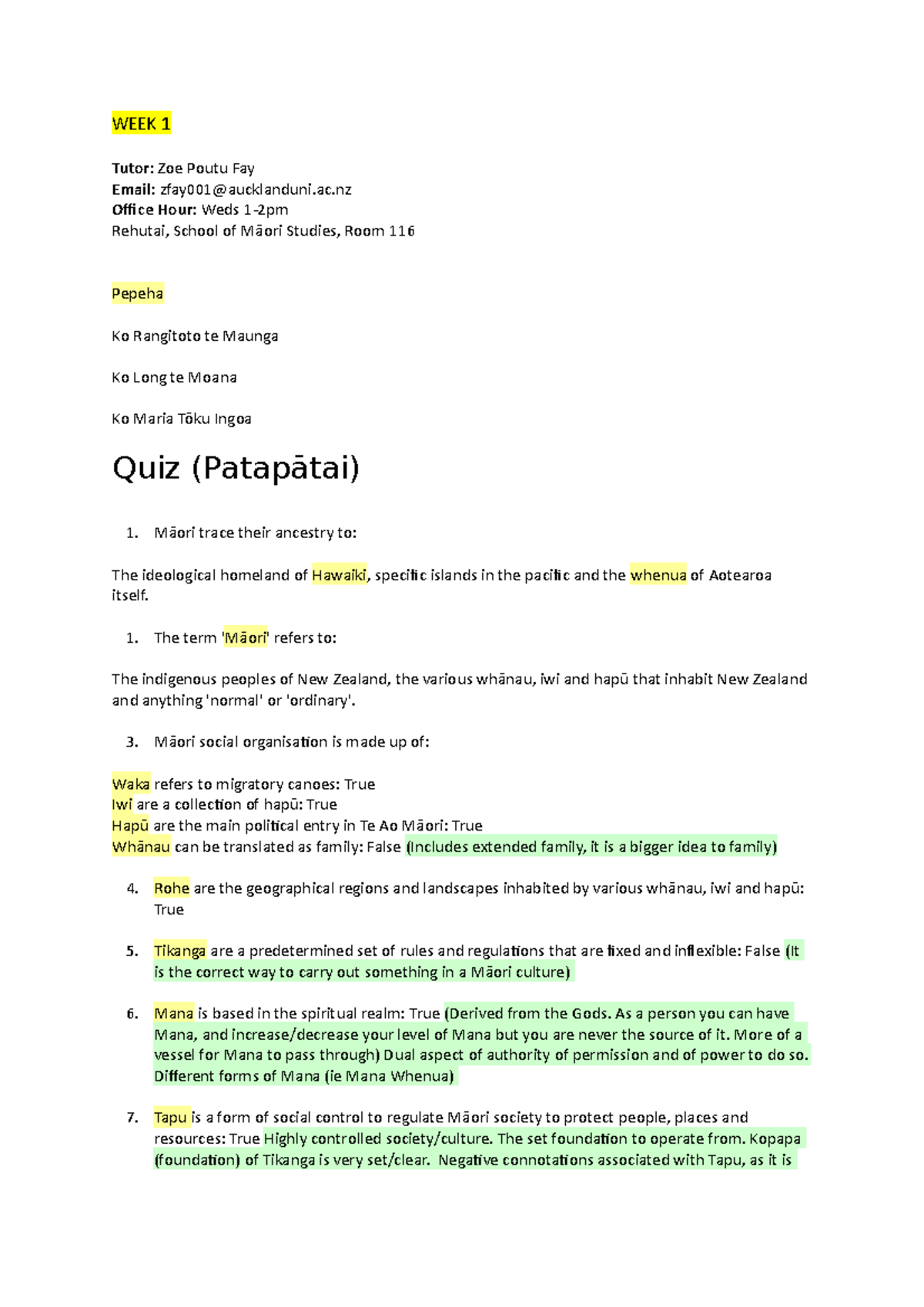 Maori-Notes - Great notes for study - WEEK 1 Tutor: Zoe Poutu Fay Email ...