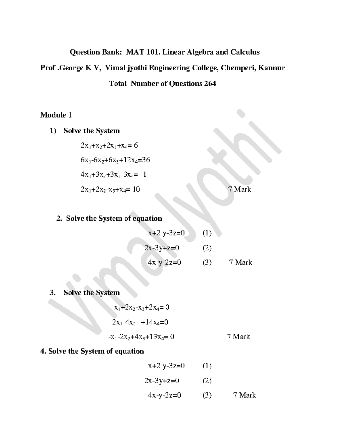 Question Bank MAT 101 - Notes - Question Bank: MAT 101. Linear Algebra ...