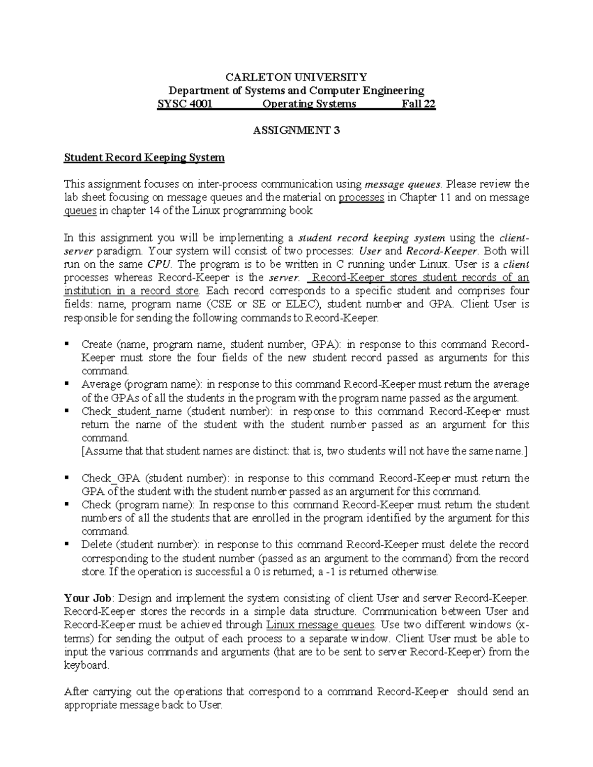 Assign 3 Fall22 Carleton University Department Of Systems And Computer Engineering Sysc 4001