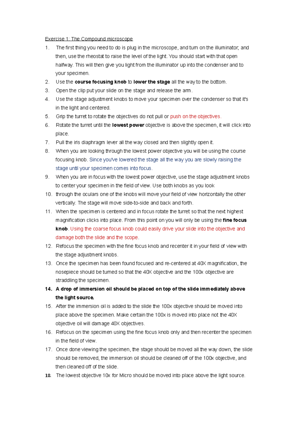 how to properly use the compound microscope - Exercise 1: The Compound ...