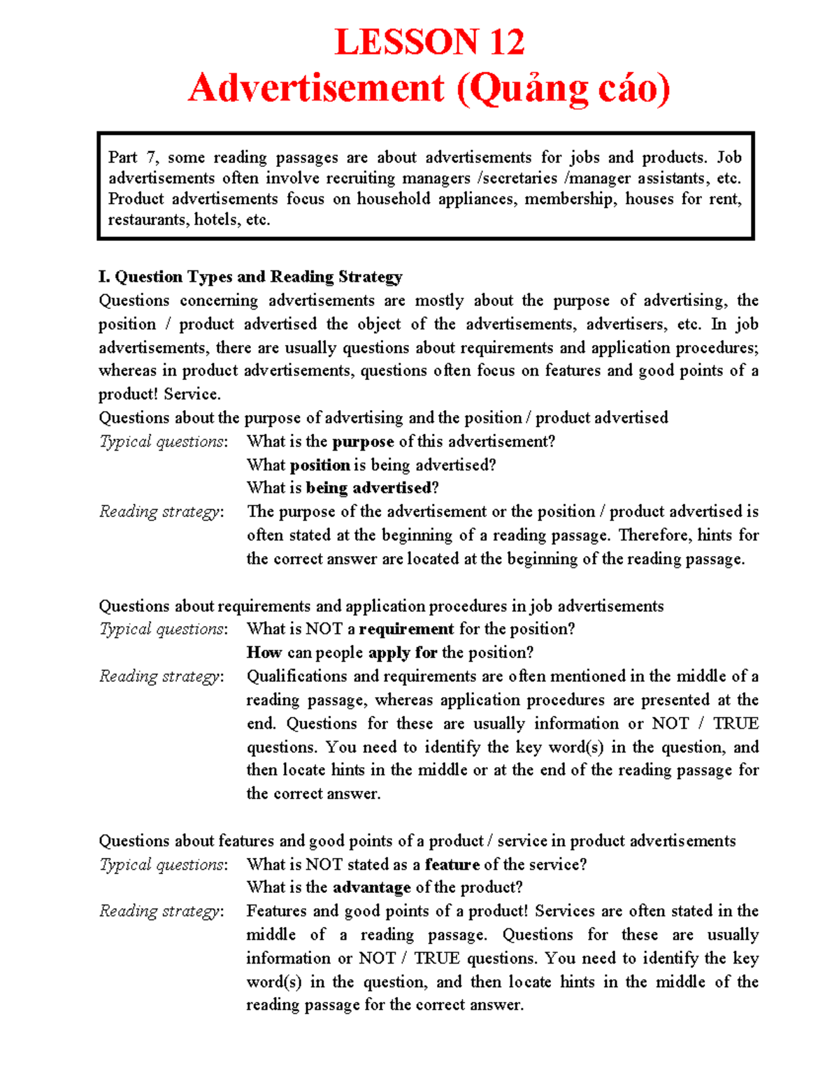 Lesson 12- KEY - adef - LESSON 12 Advertisement (Quảng cáo) I. Question ...