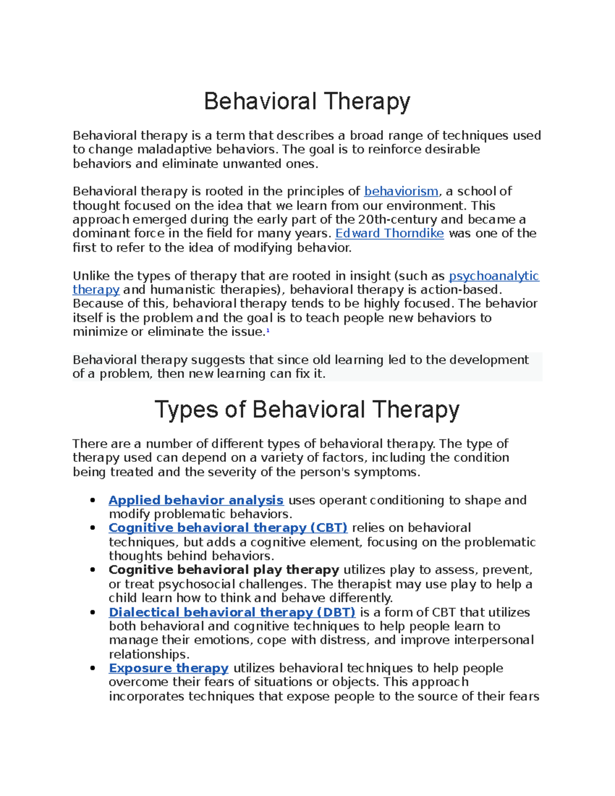 Behavioral Therapy - notes - Behavioral Therapy Behavioral therapy is a ...