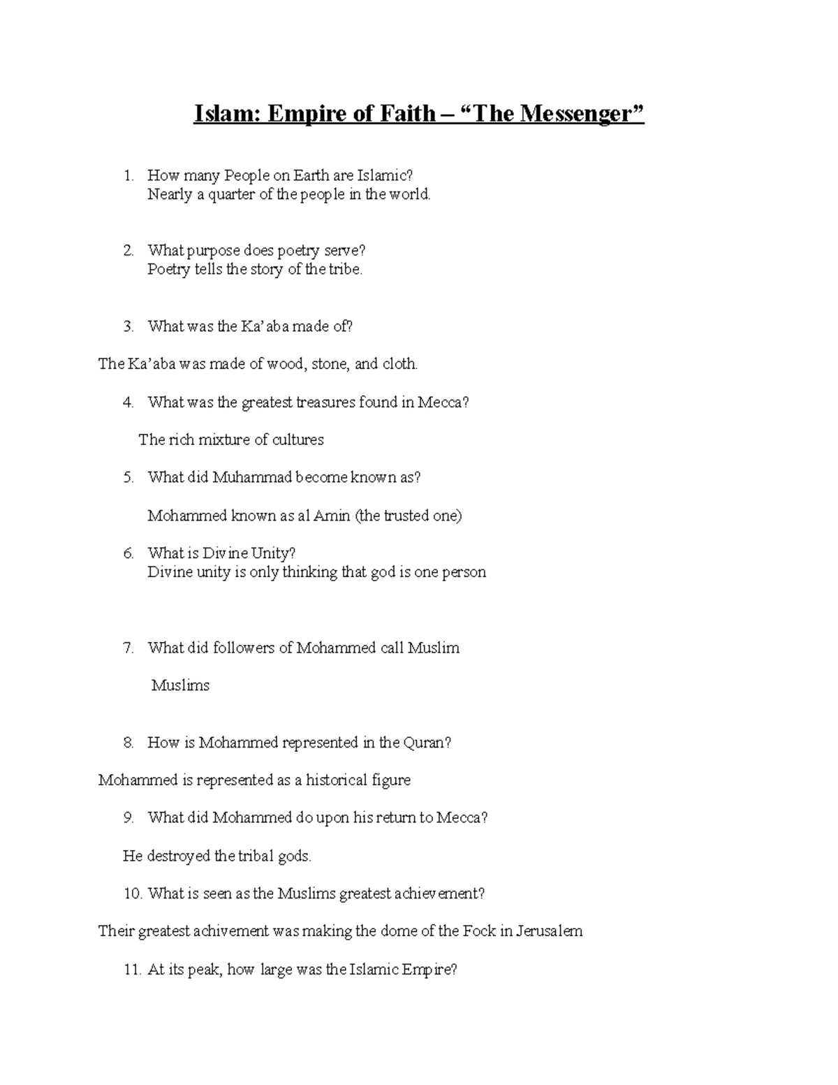 Islam Empire of Faith Film Questions - pt. 1 copy - Islam: Empire of ...