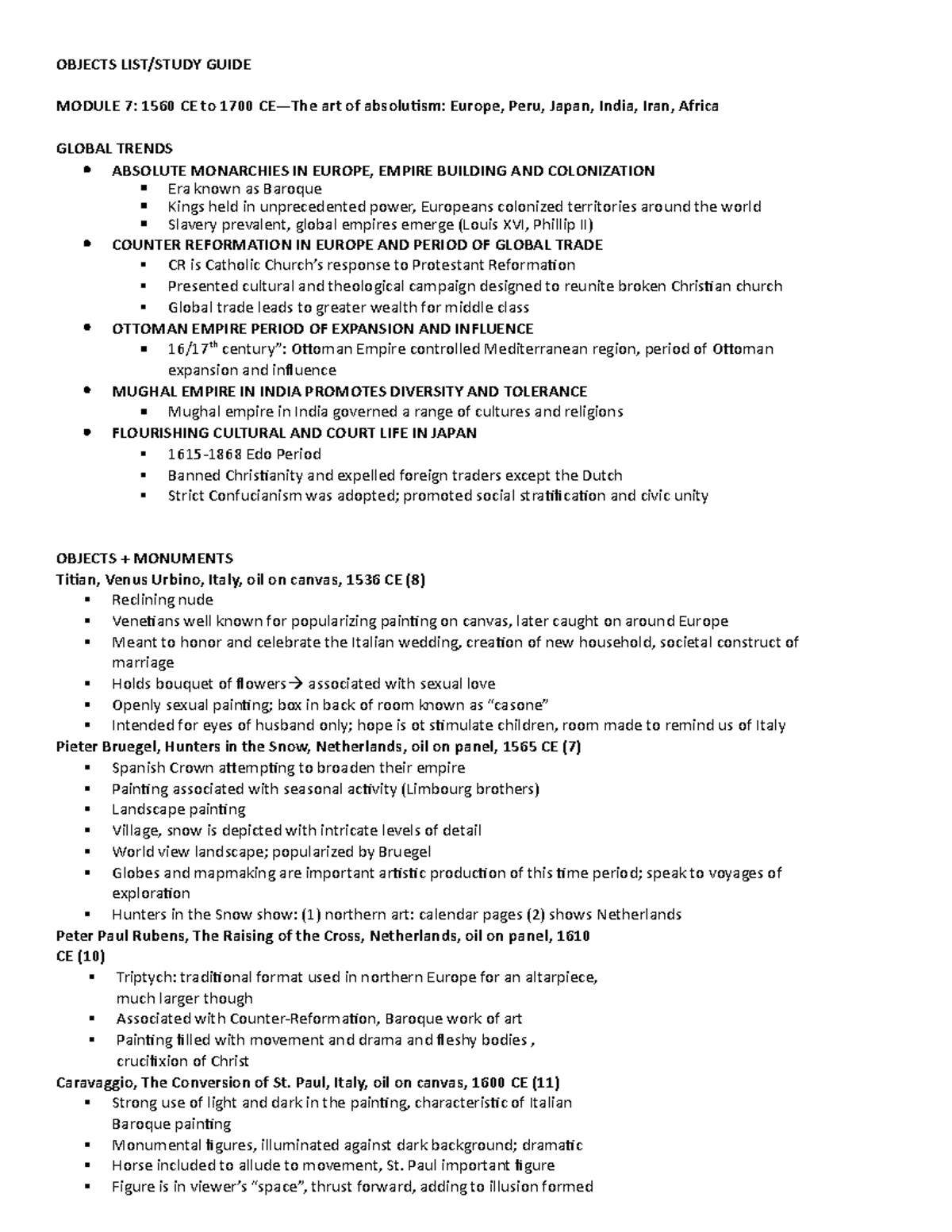 ARH 2000 Module 7 Objects LIST - OBJECTS GUIDE MODULE 7: 1560 CE to 1700 art of absolutism ...