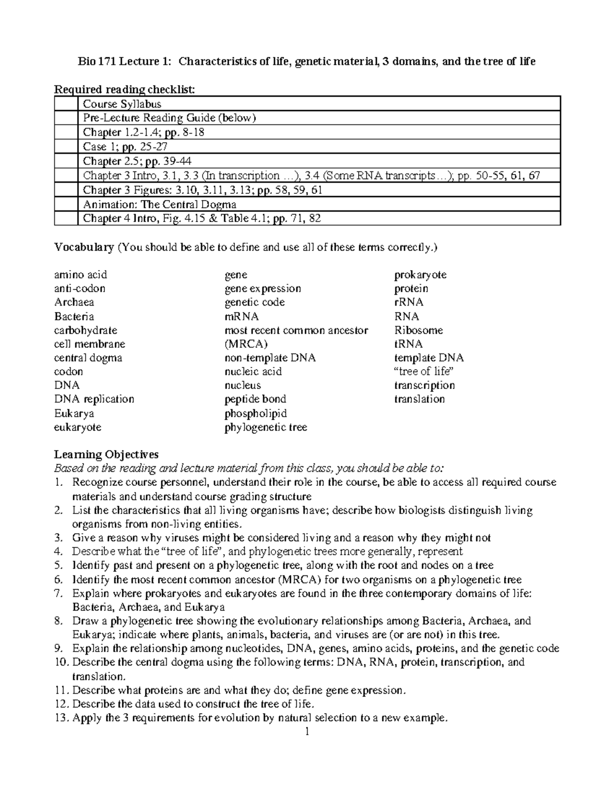 Lec 1Reading Bio 171- Domains of Life - 1 Bio 171 Lecture 1 ...