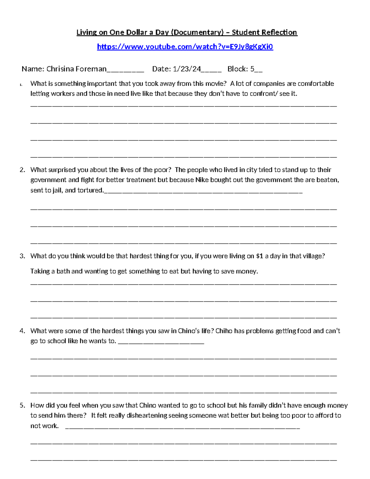Living on One Dollar a Day Video Worksheet - Living on One Dollar a Day ...
