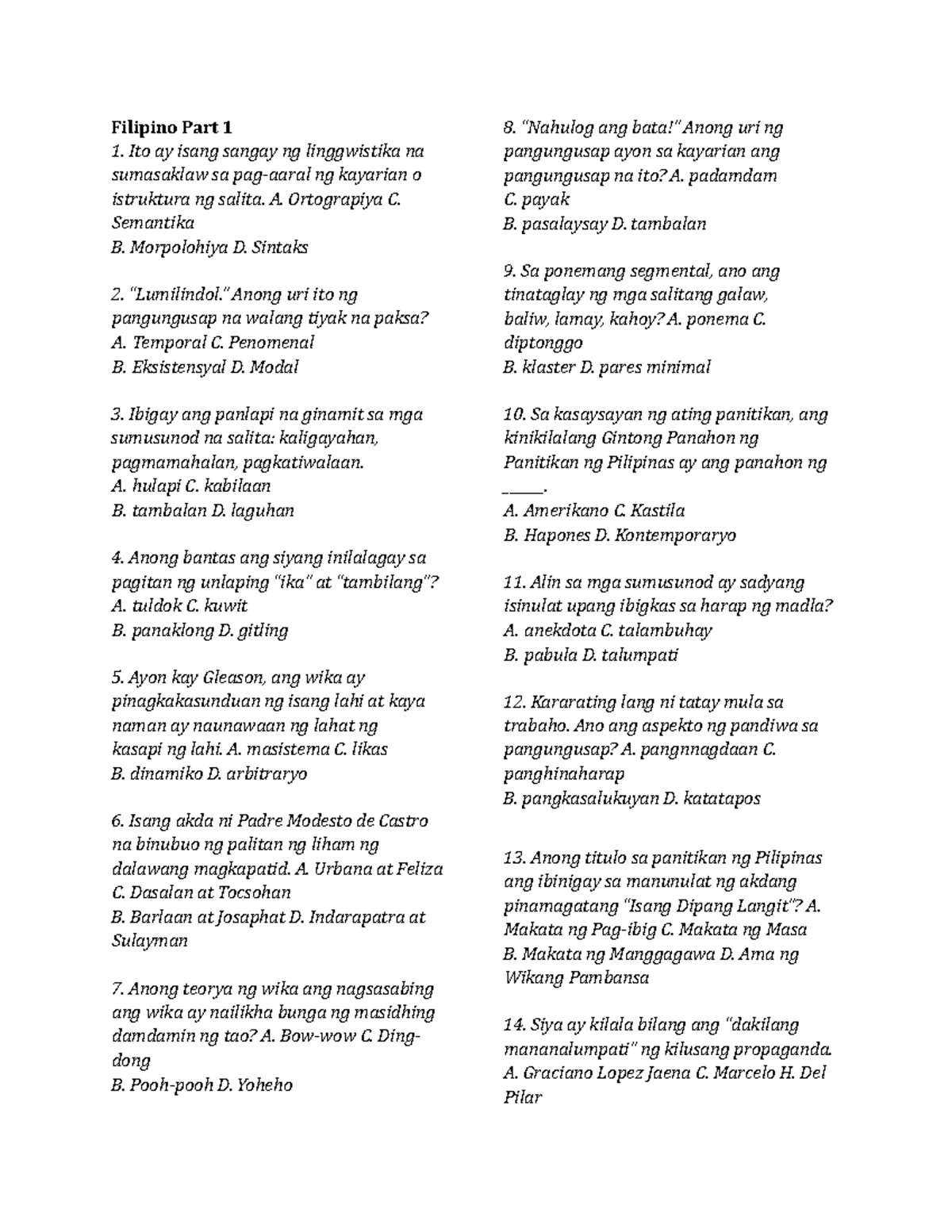 Filipino Part 1 - A. Ortograpiya C. Semantika B. Morpolohiya D. Sintaks ...