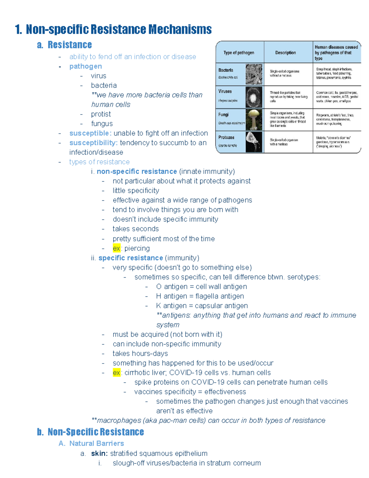 Biol 231 lect notes - test 3 materials - 1. Non-specific Resistance ...