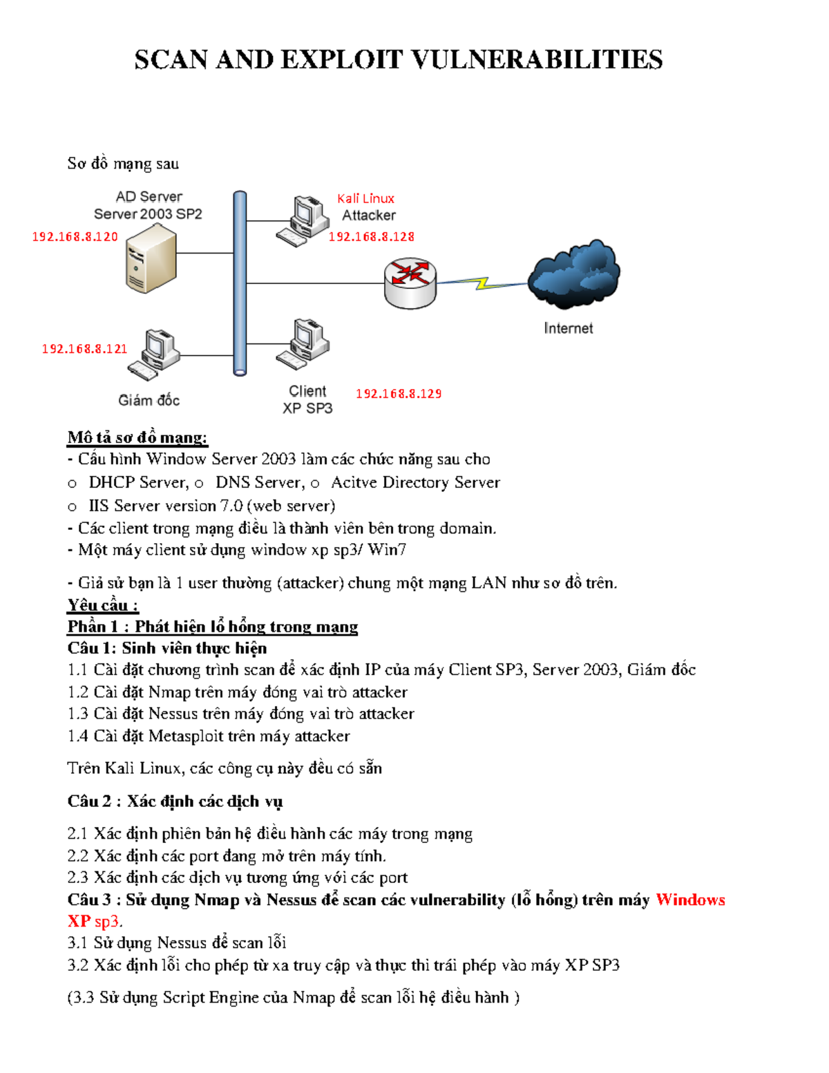 LAB - Chapter 3-5 - Scan exploit vuls - SCAN AND EXPLOIT VULNERABILITIES Sơ đồ mạng sau Mô tả sơ ...